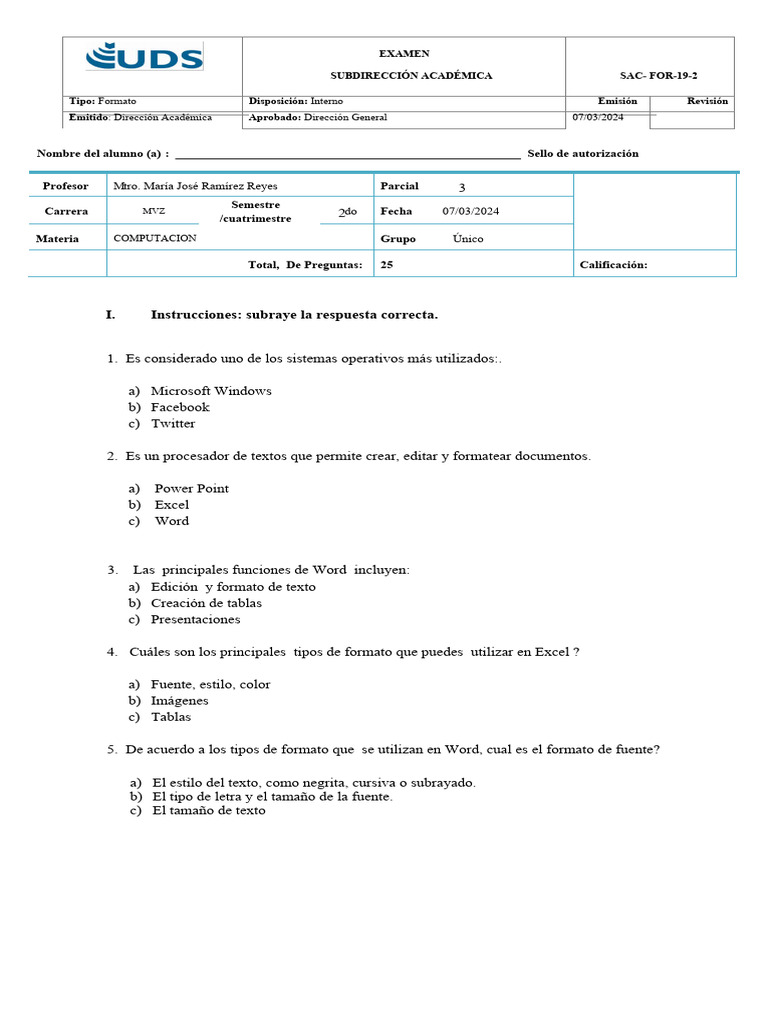 EXAMEN Computacion 3er PARCIAL | Descargar gratis PDF | Microsoft Word ... EXAMEN Computacion 3er PARCIAL | Descargar gratis PDF | Microsoft Word ...