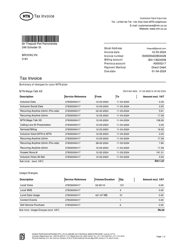 MTN Tax Invoice Summary 2024 | PDF | Mobile Phones | Google Play