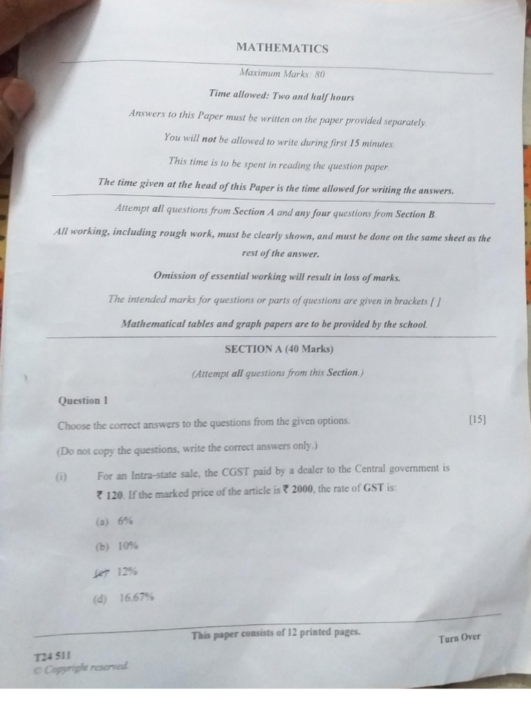 Icse Mathematics Question Paper 2024 | PDF