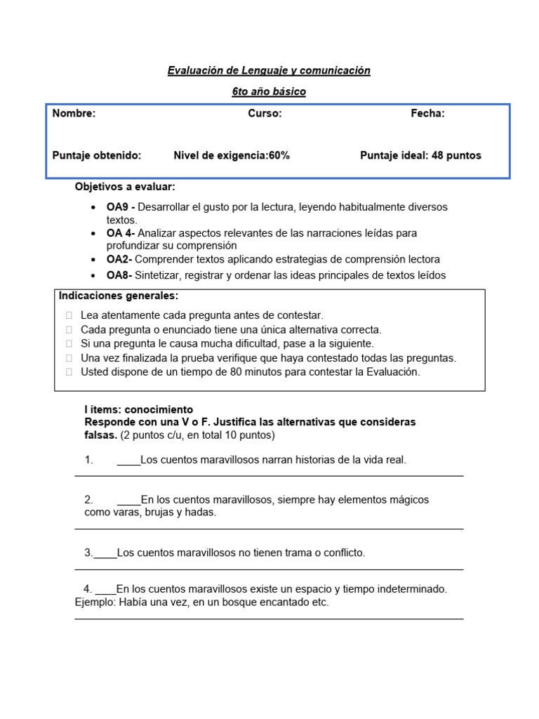 Evaluación de Lenguaje Cuentos Maravillosos | PDF