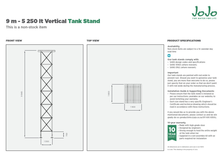 Spec Sheet 9m - 5 250lt Vertical Tank Stand Stand - 150622 | PDF