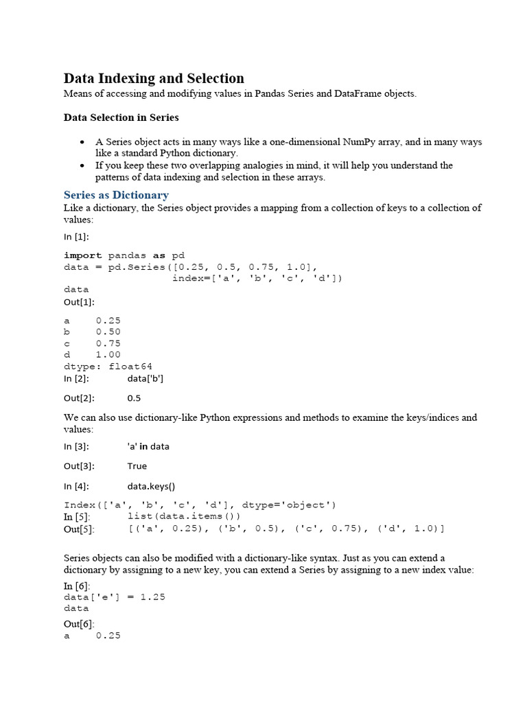 Pandas Data Indexing & Selection Guide | PDF | Software Development | Computer Data