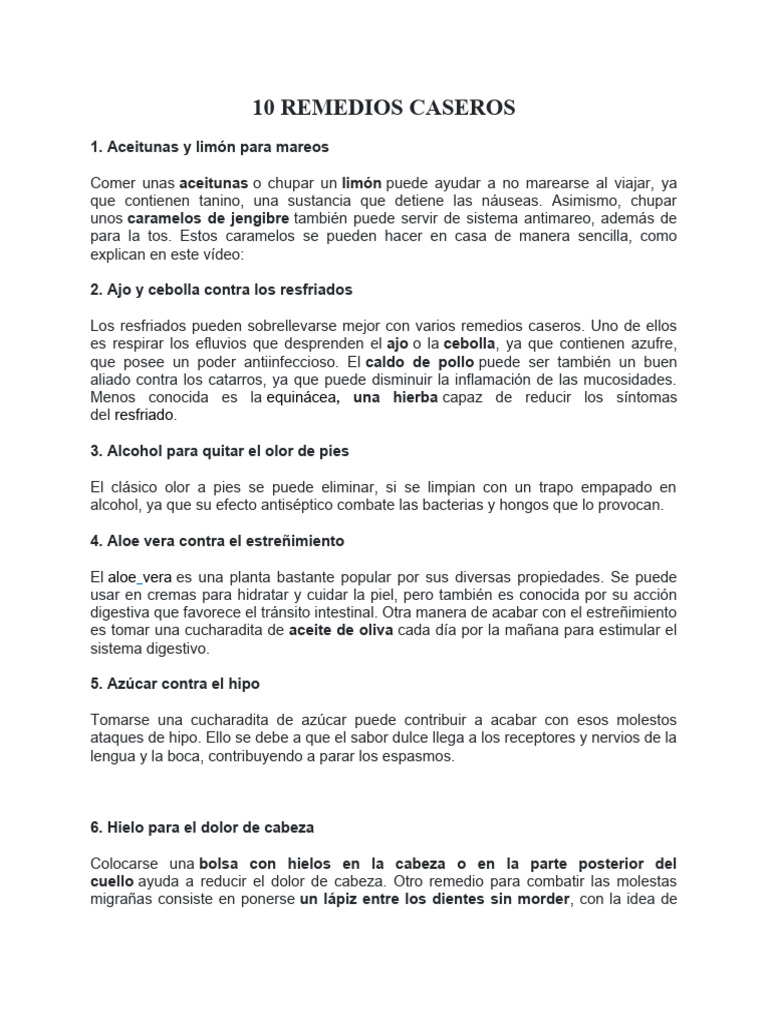 10 Remedios Caseros | PDF | Resfriado comun | Estómago