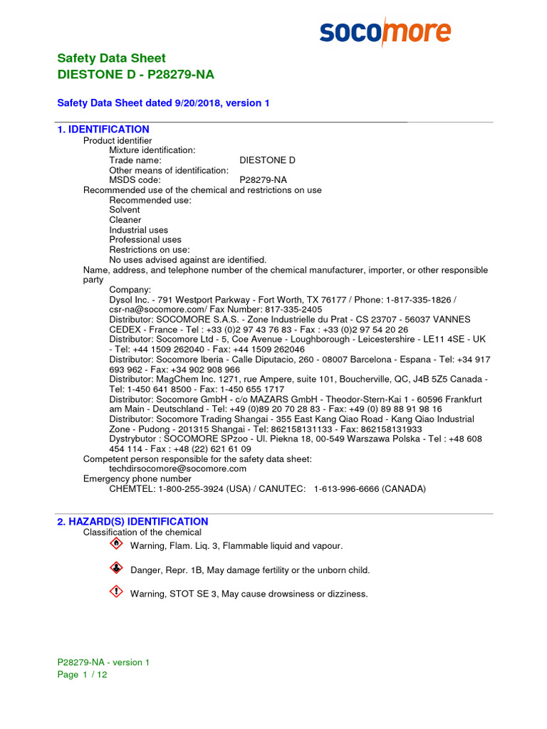 Diestone D SDS English-HAZCOM-NA | PDF | Dangerous Goods | Superfund