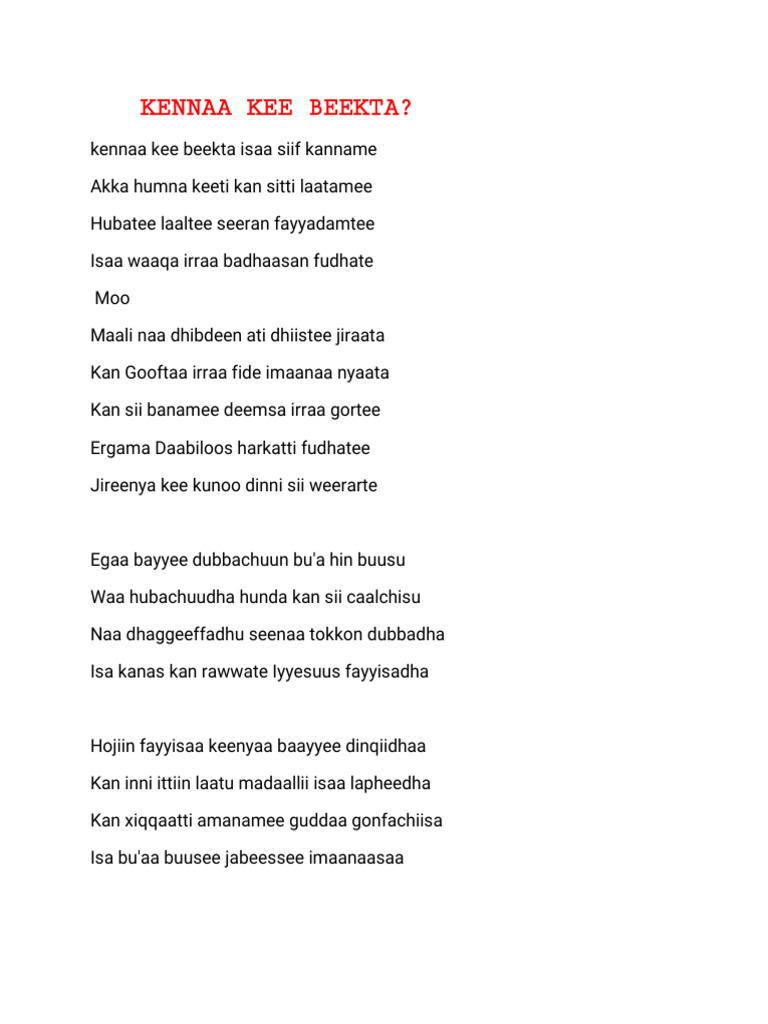 KENNAA KEE BEEKTAA. Faar Koo'el | PDF