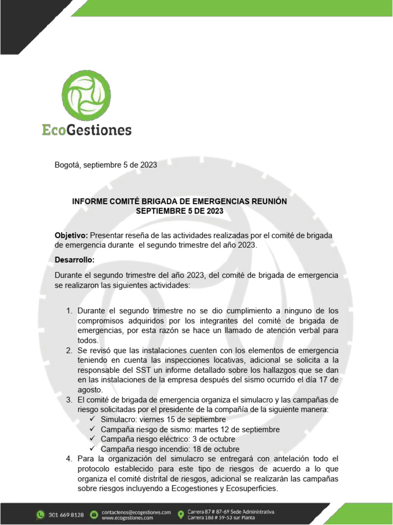 Informe Comite de Brigada de Emergencia Septiembre 5 de 2023 | PDF