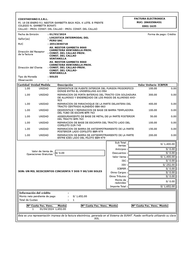 Factura Electronica RUC: 20603506431 E001-1635 | PDF | Dinero | Tecnología bancaria
