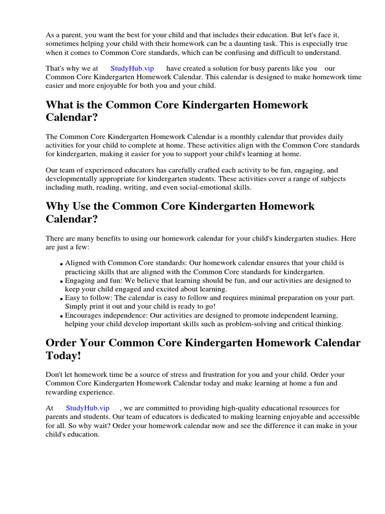 Common Core Kindergarten Homework Calendar | PDF | Homework | Preschool