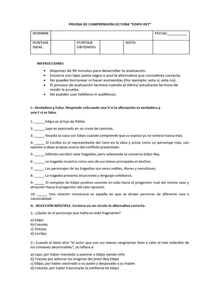 Prueba de Comprension Lectora | PDF | Edipo