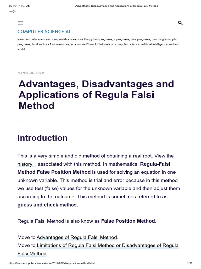 Advantages, Disadvantages and Applications of Regula Falsi Method | PDF ...
