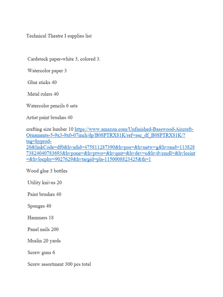Technical Theatre I Supplies List | PDF