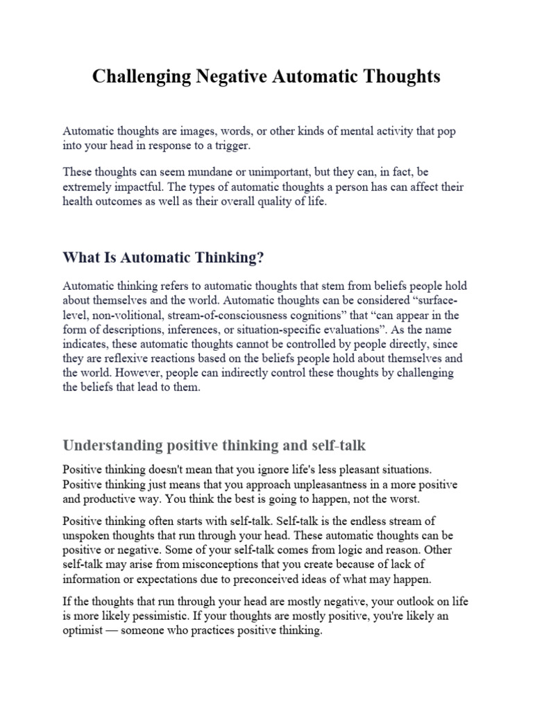 Challenging Negative Automatic Thoughts PS Handout | PDF | Optimism ...