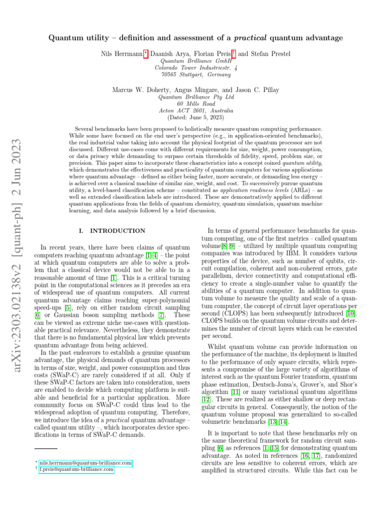 Quantum Utility - Definition and Assessment of A Practical Quantum ...