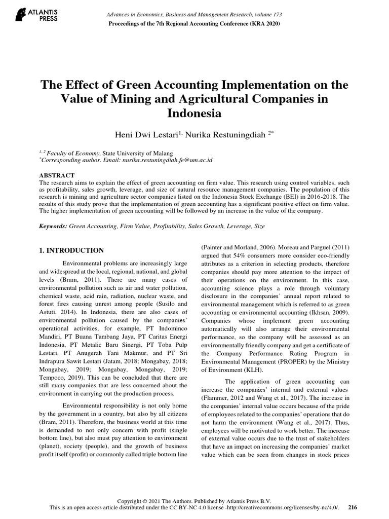 The Effect of Green Accounting Implementation On The Value of Mining ...