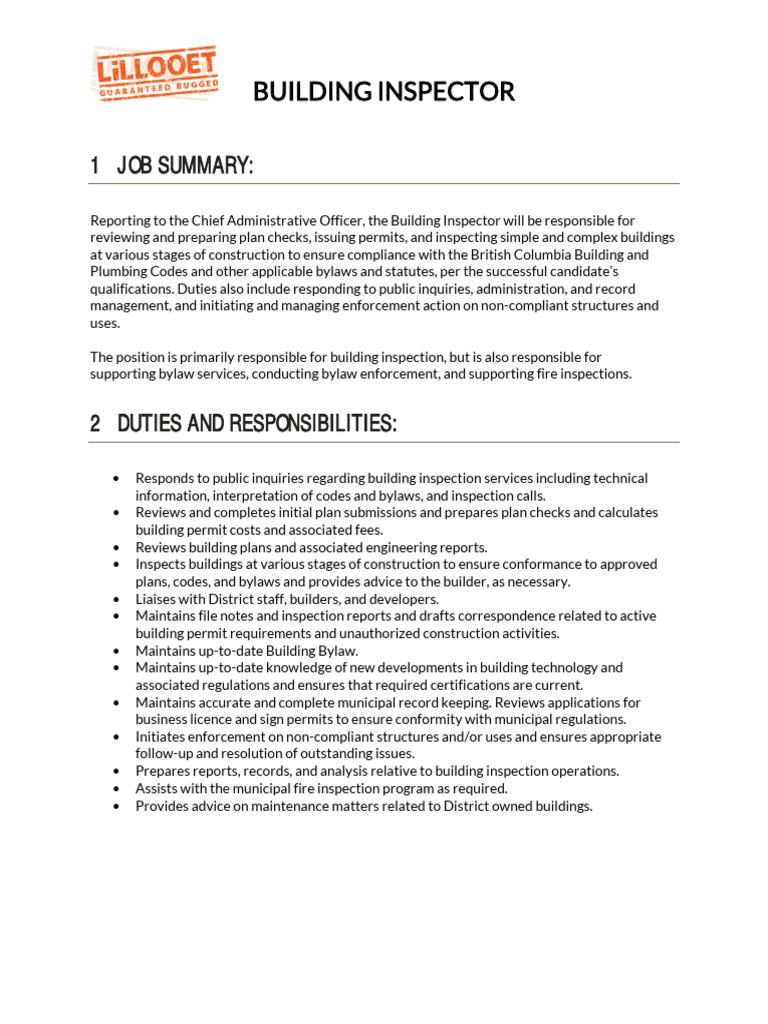 Building Inspector Job Description | PDF | Regulatory Compliance | By Law