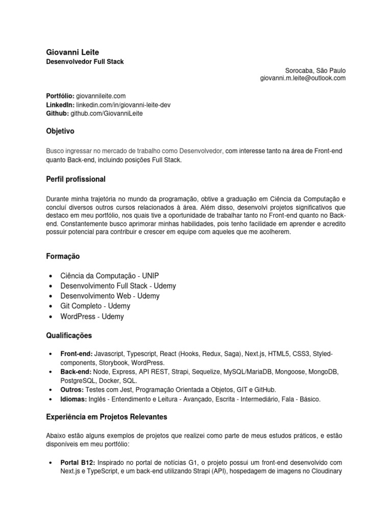 Currículo de Desenvolvedor Full Stack | PDF | Bancos de dados | Html5