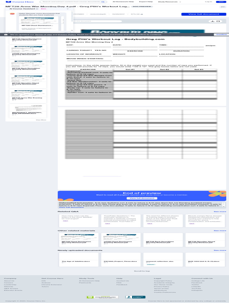 MFT28 Arms War Morning Day 4.pdf - Greg Plitt's Workout Log | PDF