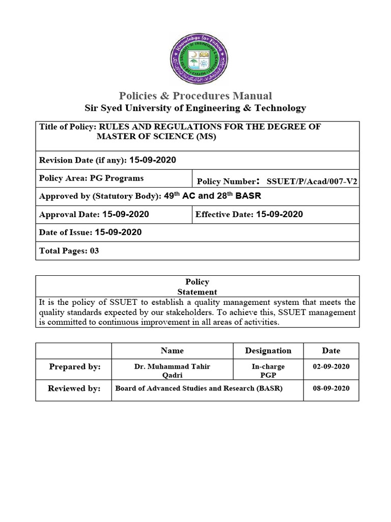 MS Degree Rules at SSUET | PDF | Thesis | University And College Admission