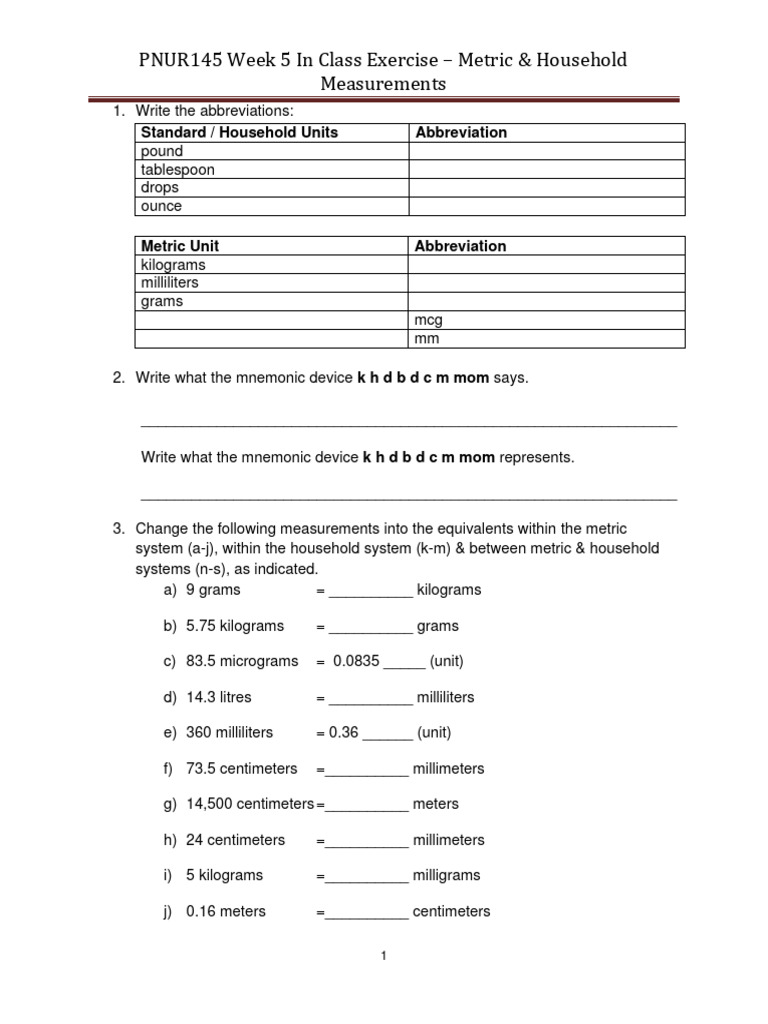 Week 5 Metric & Household Measurements | PDF | Litre | Pound (Mass)