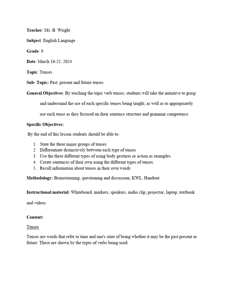 Grade 9 Language - Tenses | PDF | Grammatical Tense | Verb