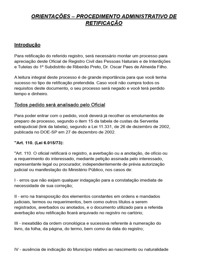 Orientacoes para Retificacao Administrativa | PDF | Certidão de nascimento