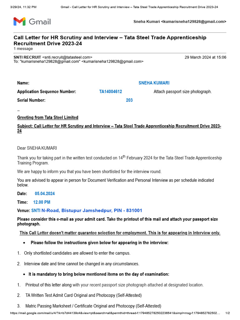 Tata Steel Apprentice Interview Call Letter | PDF | Career & Growth