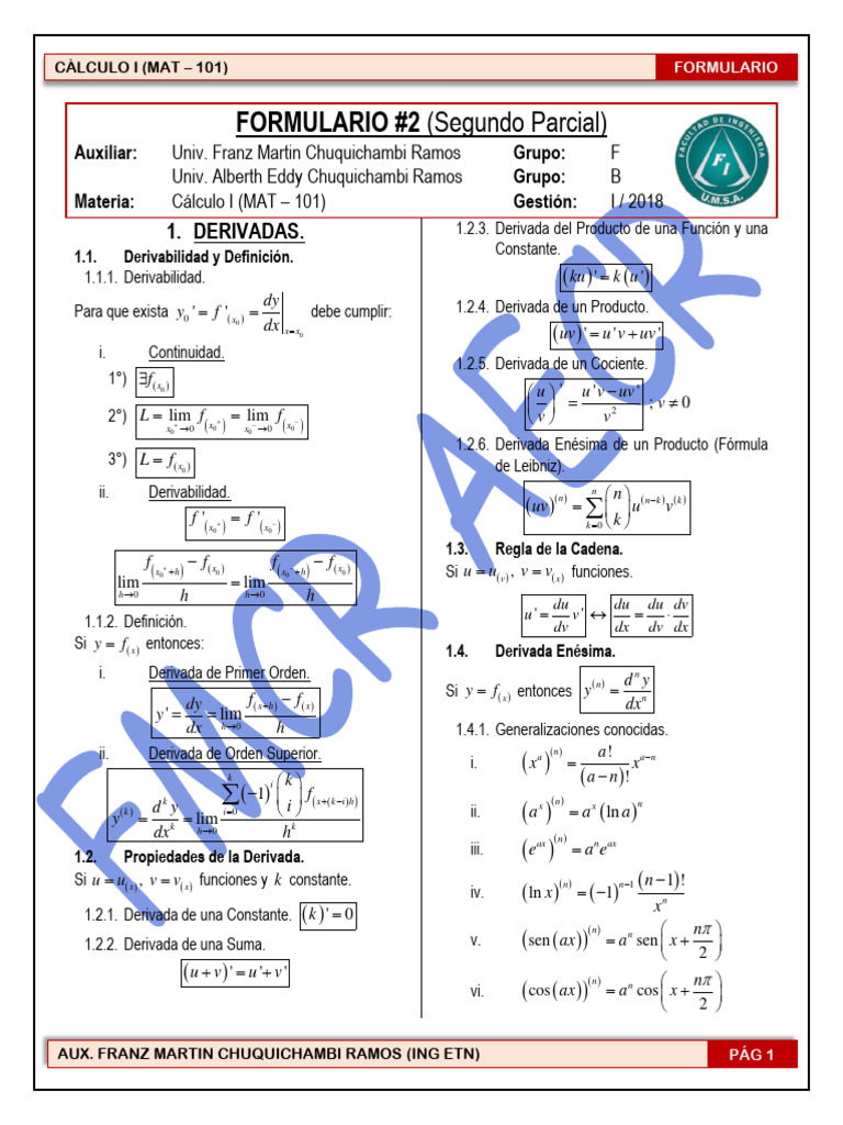 Formulario 2P MAT101 (01-2018) | PDF | Derivado | Geometría
