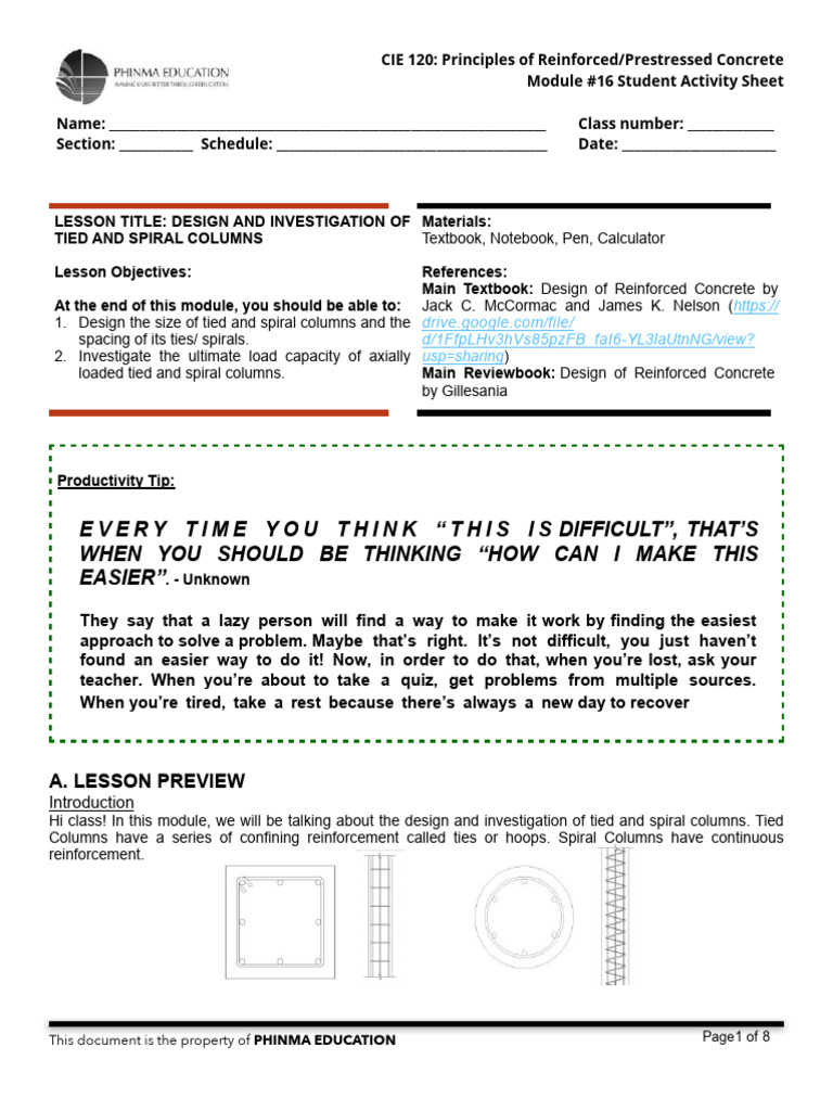 Tied and Spiral Column Design Guide | PDF | Bending | Reinforced Concrete