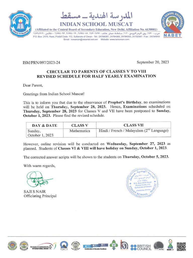CIRCULAR - REVISION SCHEDULE FOR HALF YEARLY EXAM | PDF