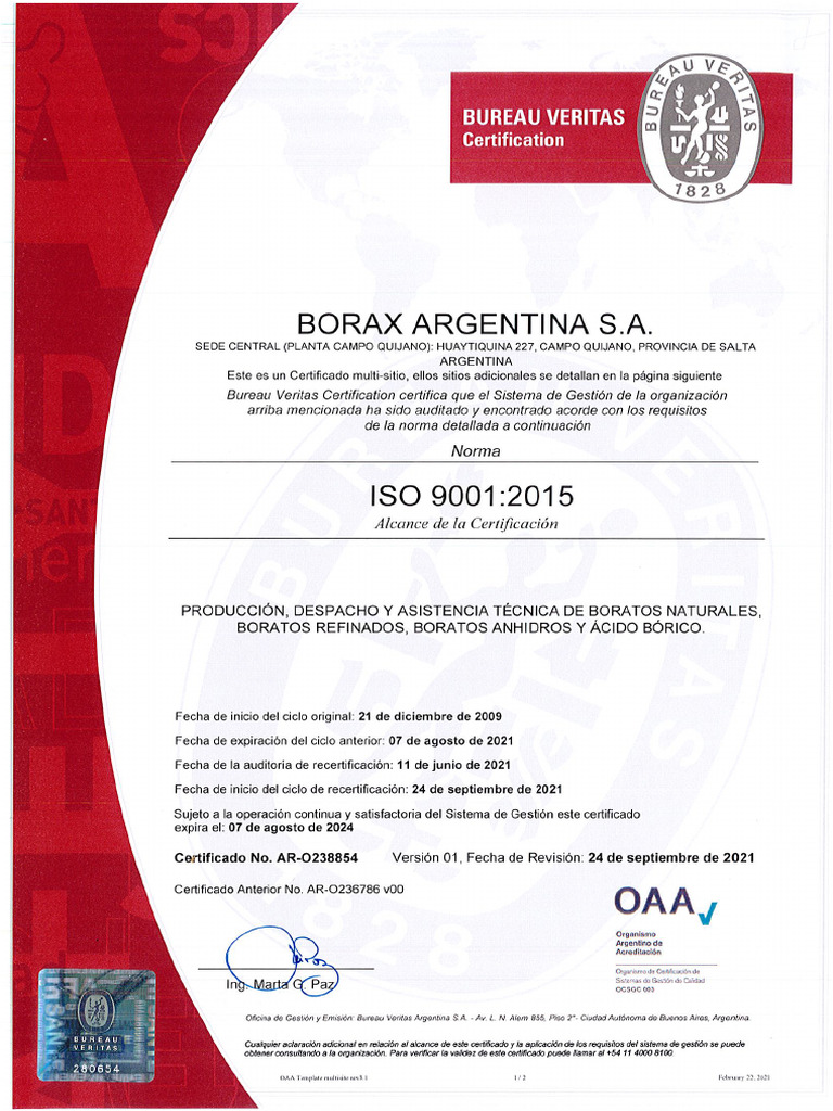 Borax Argentina Sa Oaa 9001 2015 Certificate Ar O238854 v01 Multi 3 | PDF