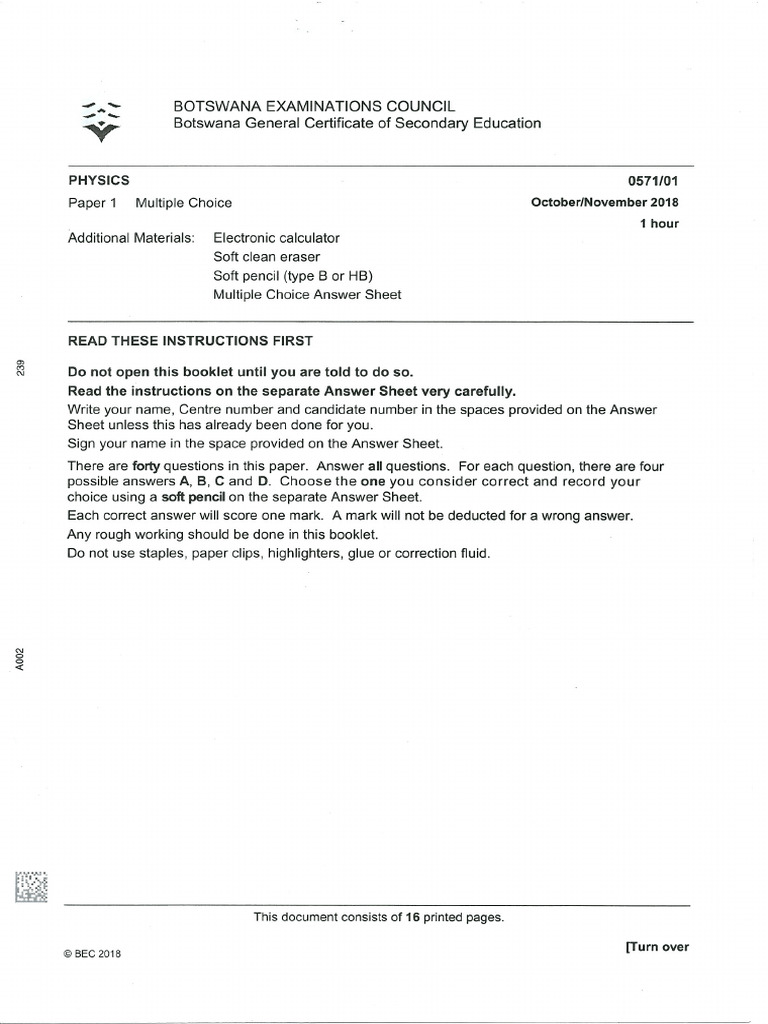 Physics Ppr1 2018 | PDF