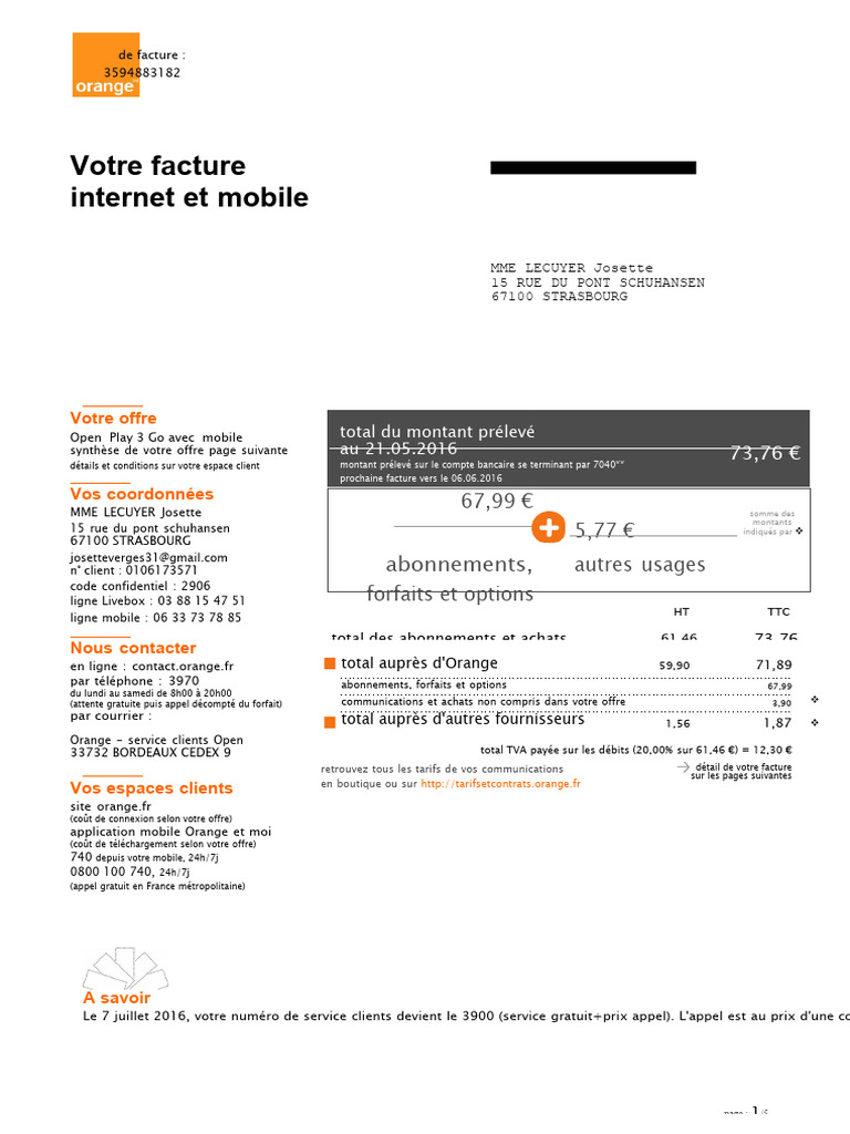 Facture Orange 2016 | PDF | Facture | Taxe sur la valeur ajoutée