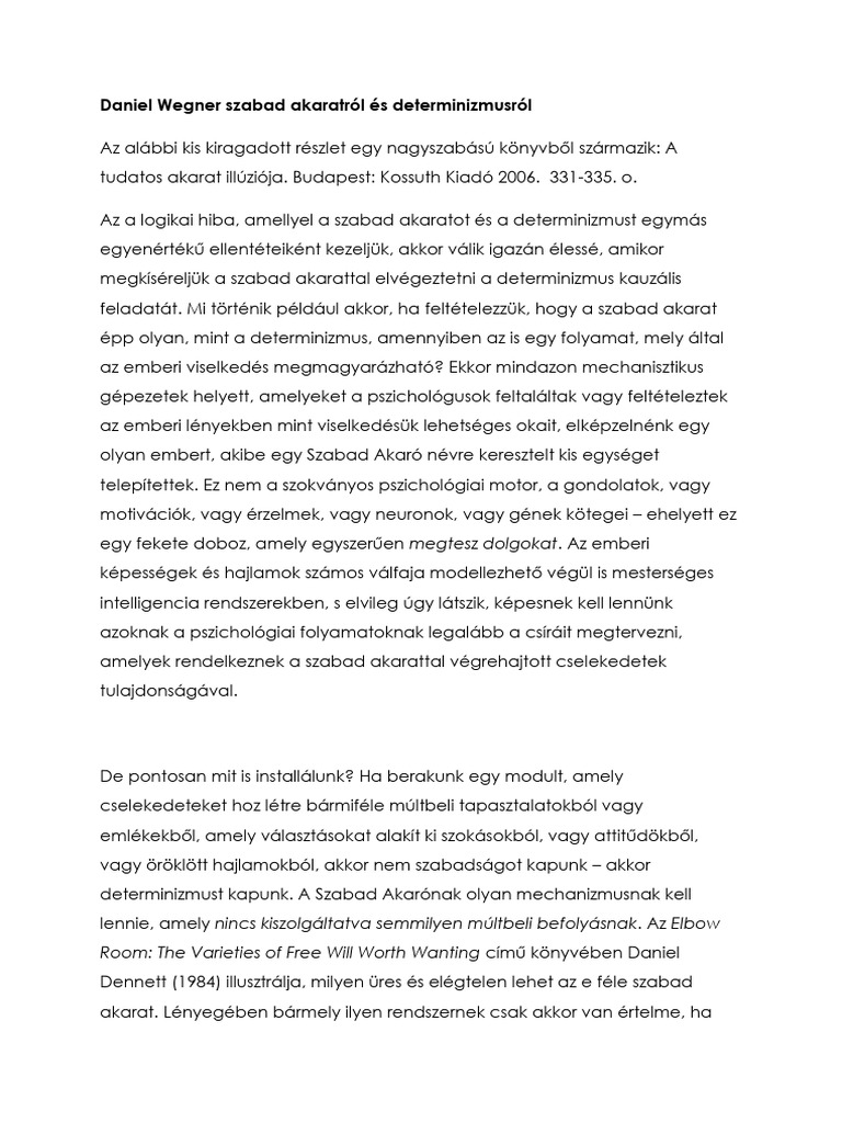 Daniel Wegner Szabad Akaratrol Es Determinizmusrol | PDF
