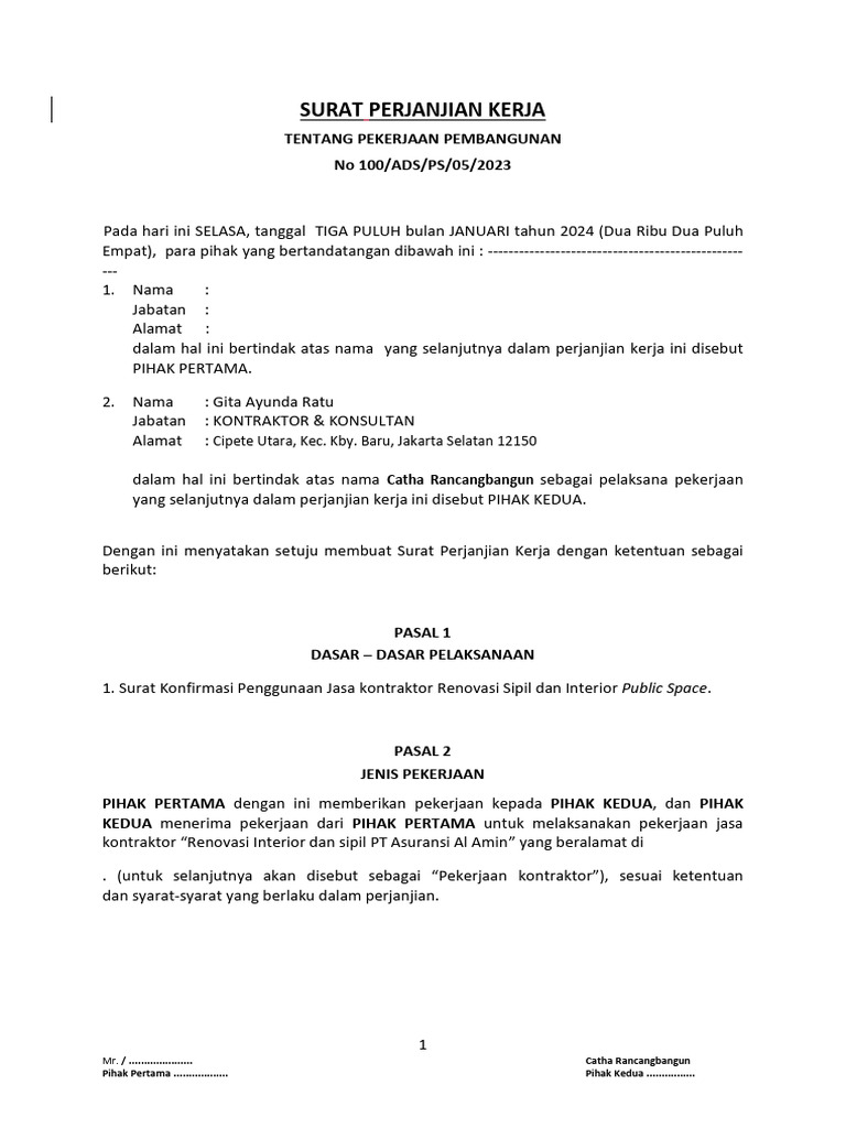 Kontrak Pekerjaan Sipil Dan Interior Renovasi PT AL Amin 1.30.2024 | PDF