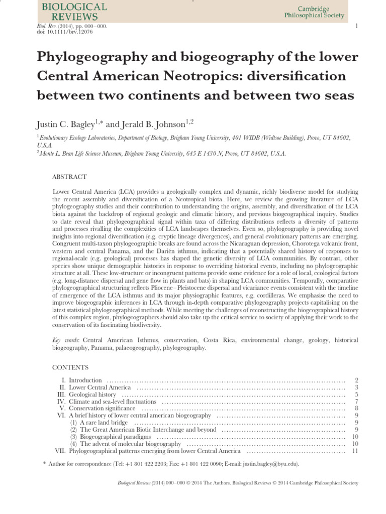 Phylogeography and Biogeography Lower Central American Neotropics ...
