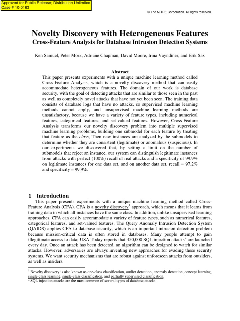 Novelty Discovery With Heterogeneous Features: Cross-Feature Analysis For Database Intrusion ...
