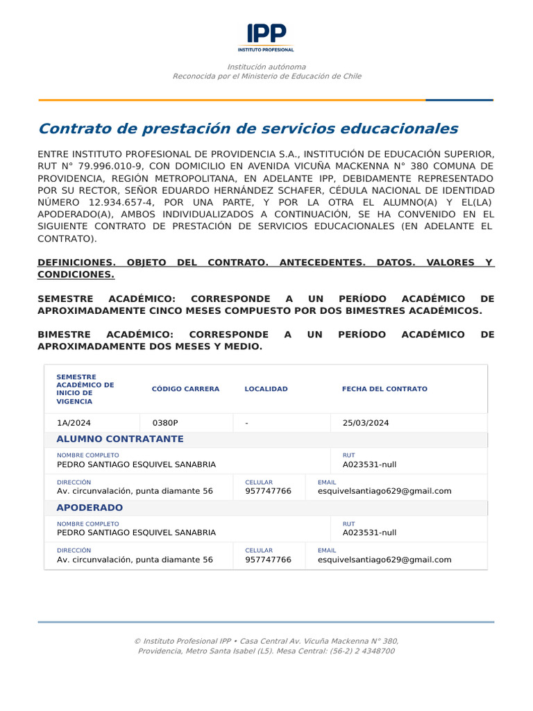 Contrato de Pedro Esquivel | PDF | Pagos | Chile