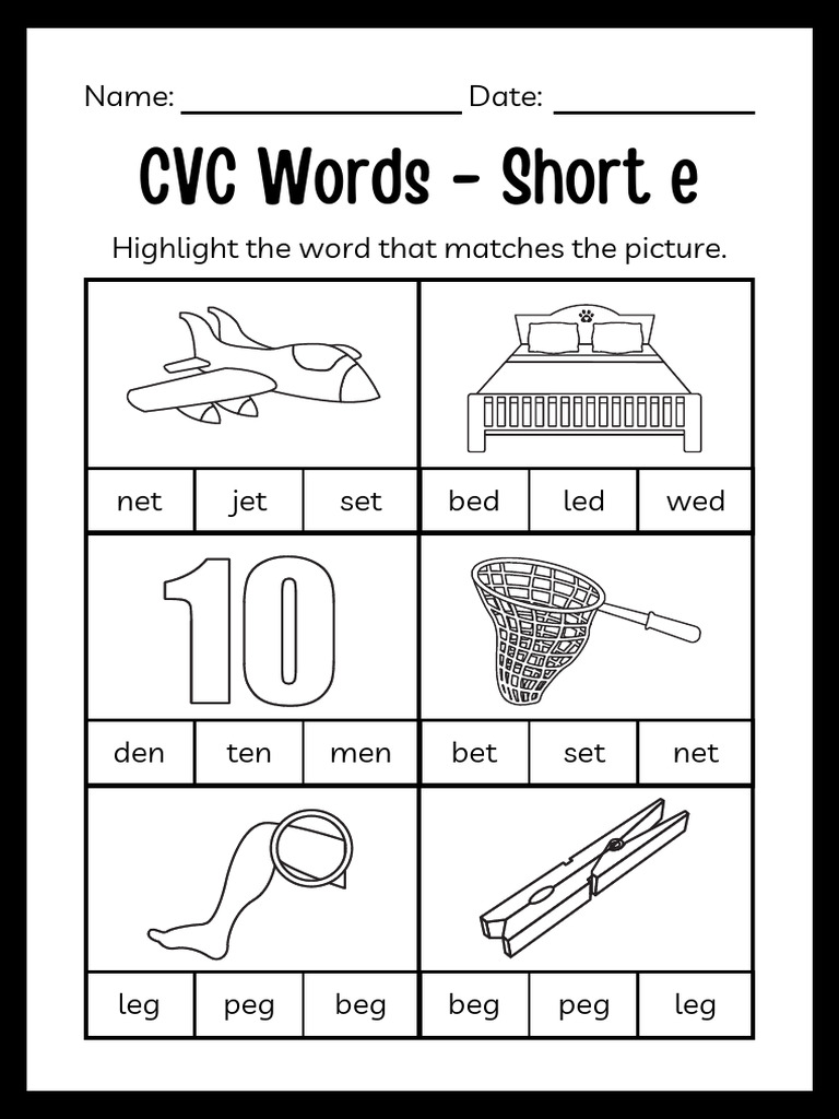 CVC Short Vowel e Worksheet for Kindergarten Reading | PDF