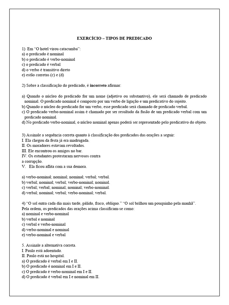 Exercicio_tiposdepredicado | PDF | Predicado (gramática) | Assunto (gramática)