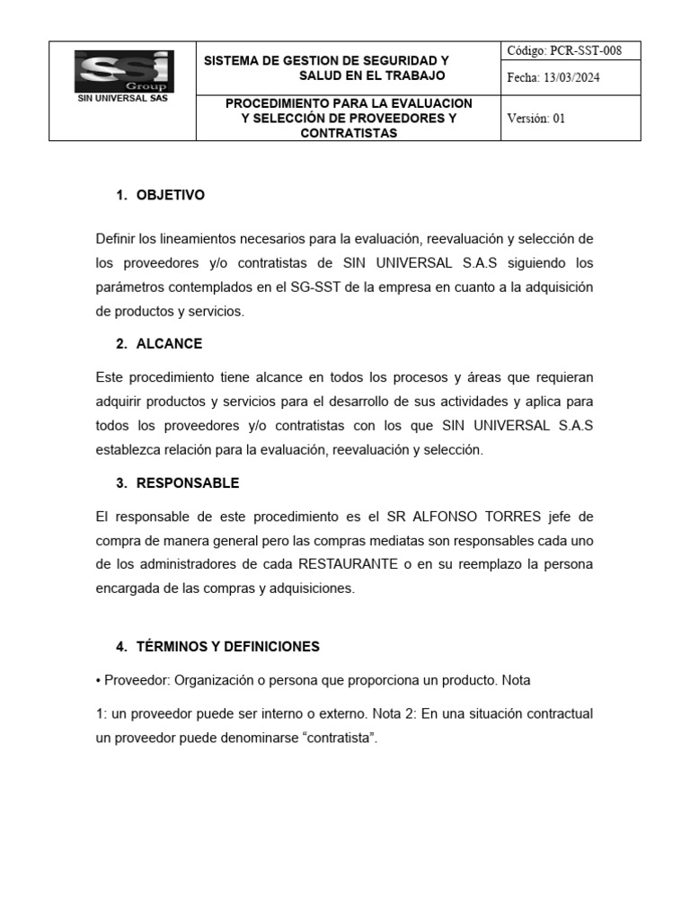PRC-SST-008 Procedimiento para La Evaluacion y Seleccion de Proveedores ... PRC-SST-008 Procedimiento para La Evaluacion y Seleccion de Proveedores ...