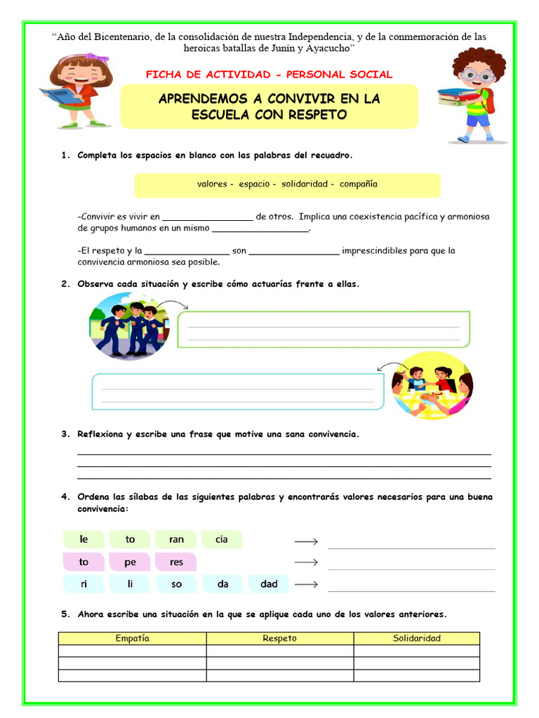 Ficha Mart Ps Aprendemos A Convivir En La Escuela Con Respeto Jezabel