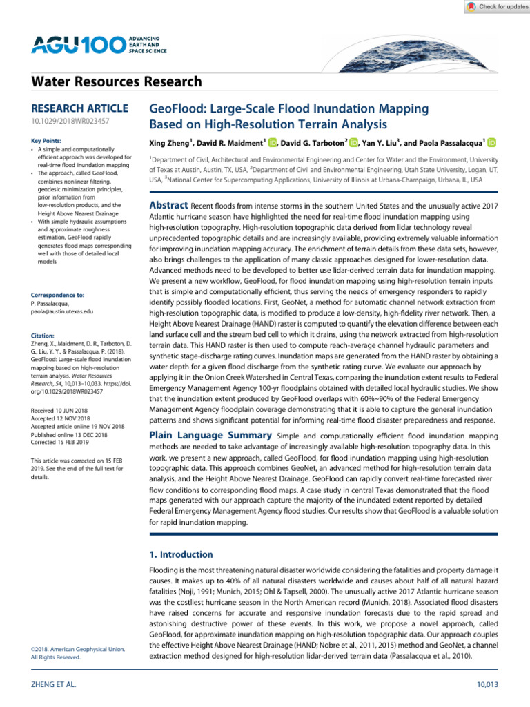 Water Resources Research - 2018 - Zheng - GeoFlood Large Scale Flood Inundation Mapping Based On ...