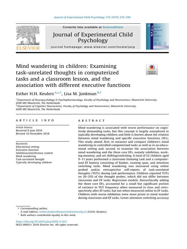 Mind Wandering and Executive Functions in Children | PDF | Mind Wandering | Executive Functions