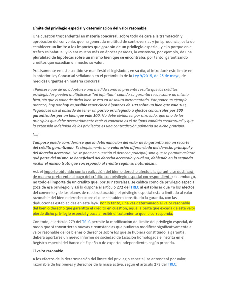 Límite Del Privilegio Especial y Determinación Del Valor Razonable ...