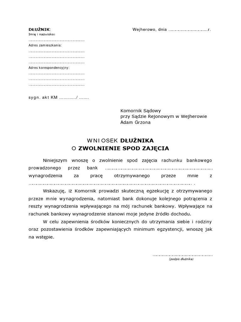 Zwolnienie Spod Zajecia Rachunku Bankowego | PDF