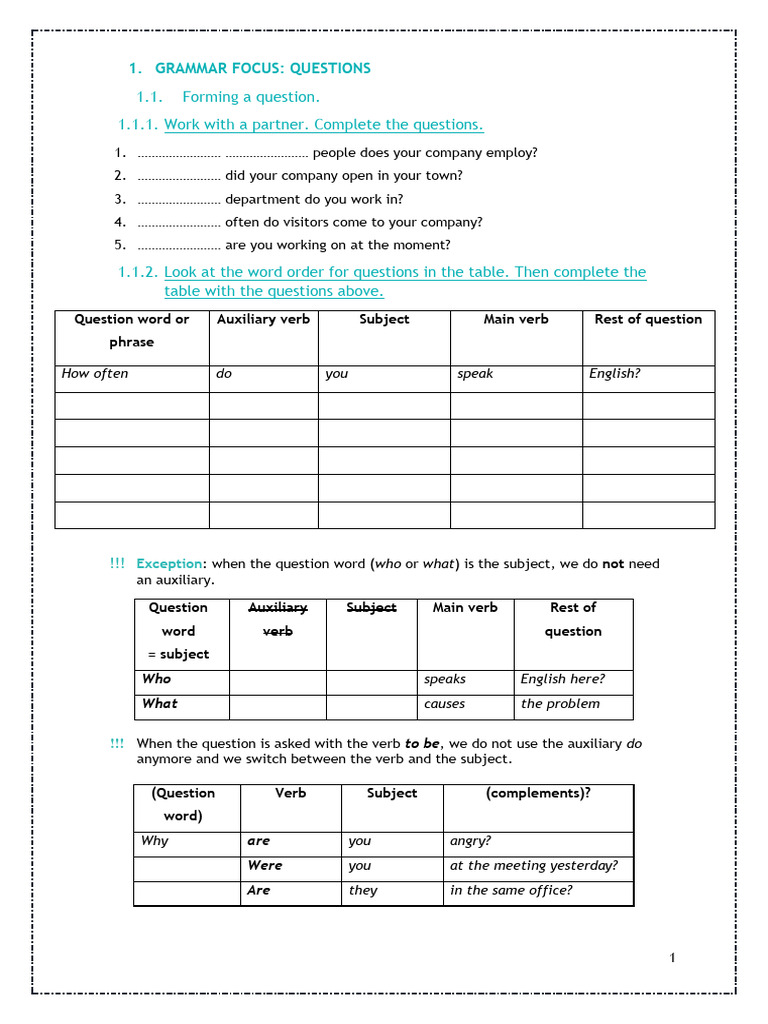 Grammar Focus: Questions & Tenses | PDF | Preposition And Postposition ...