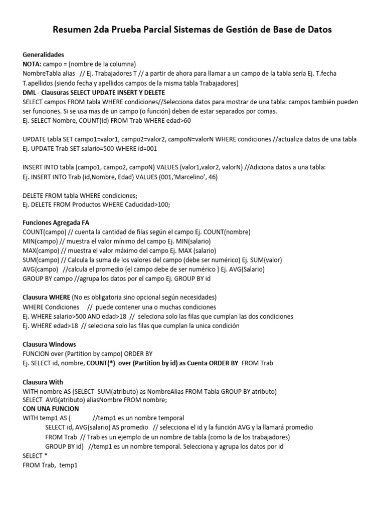 Resumen de DML y Funciones en SQL | PDF | Bases de datos | Software de gestión de datos