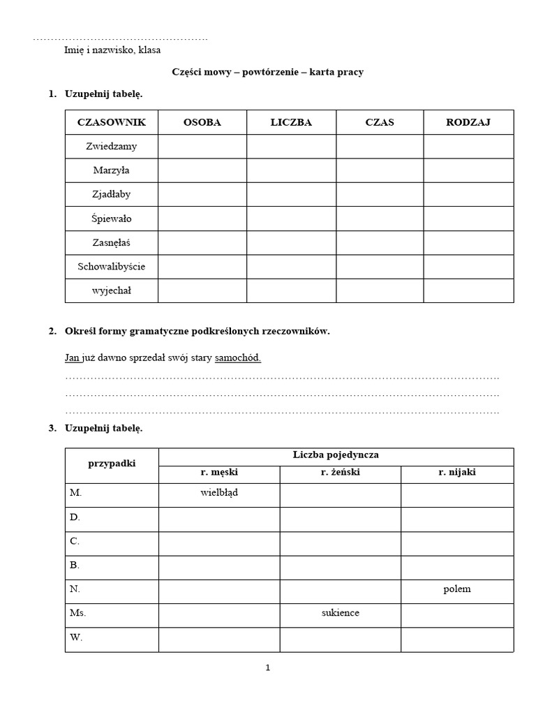 Części Mowy - Karta Pracy - Klasa 6 | PDF