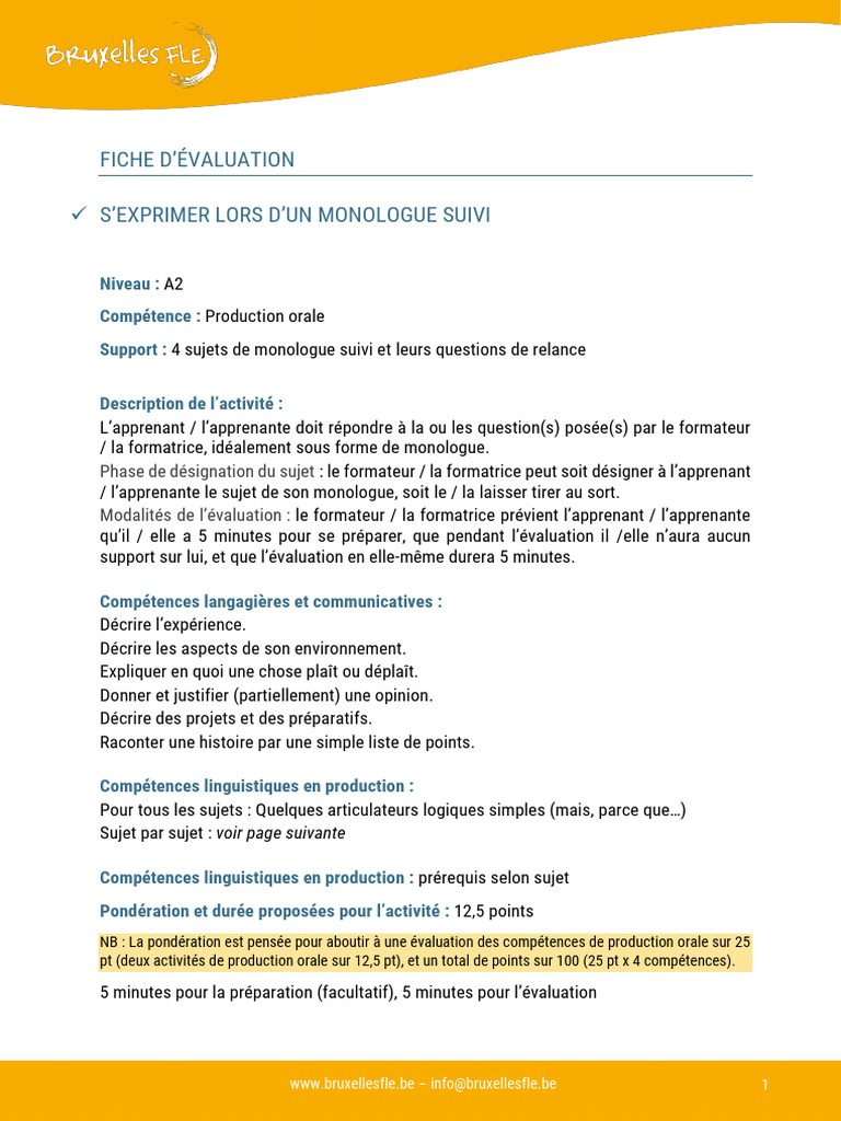 Monologue Suivi A2 : Évaluation Orale | PDF | Phrase | Grammaire