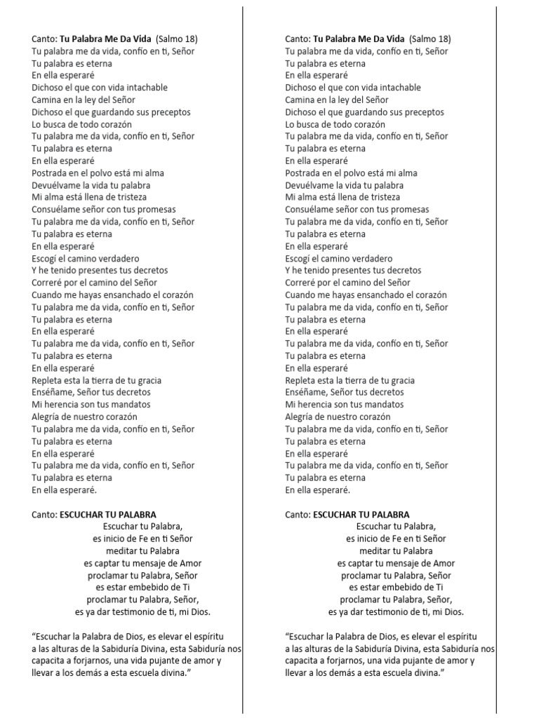 Canto Tu Palabra Me Da Vida y Escuchar tu Palabra | PDF | Dios ...